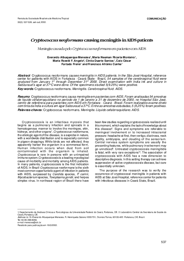 (PDF) Cryptococcus neoformans causing meningitis in AIDS patients | cintia santos - Academia.edu
