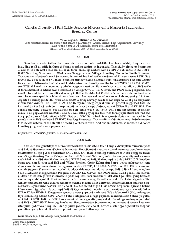 (PDF) Genetic Diversity of Bali Cattle Based on Microsatellite Marker in Indonesian Breeding Centre