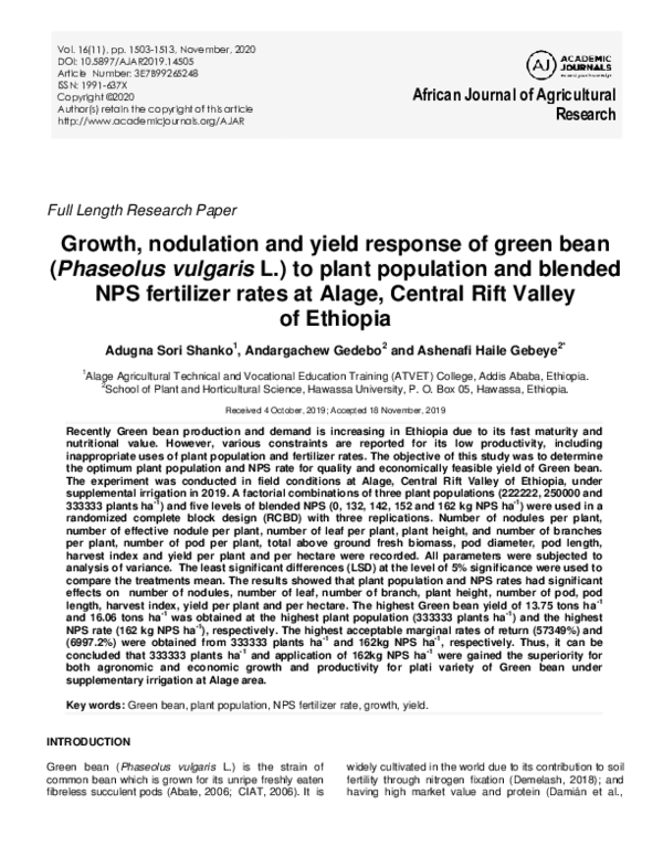 (PDF) Growth, nodulation and yield response of green bean (Phaseolus vulgaris L.) to plant ...