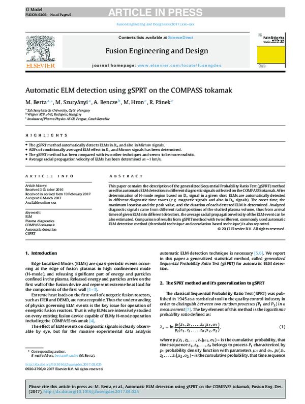 (PDF) Automatic ELM detection using gSPRT on the COMPASS tokamak | R ...