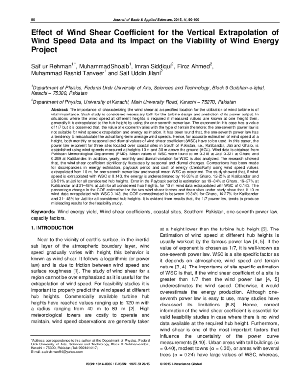 (PDF) Effect of Wind Shear Coefficient for the Vertical Extrapolation of Wind Speed Data and its ...