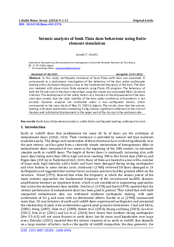 (PDF) Seismic analysis of Souk Tlata dam behaviour using finite element simulation