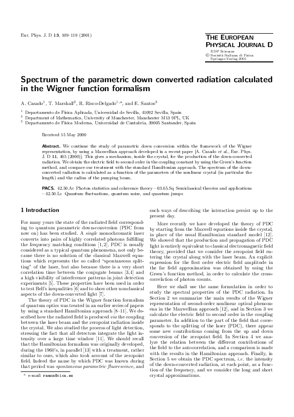 Pdf Spectrum Of The Parametric Down Converted Radiation Calculated In The Wigner Function