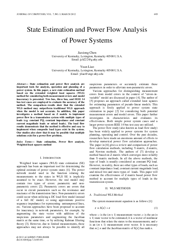 (PDF) State Estimation and Power Flow Analysis of Power Systems