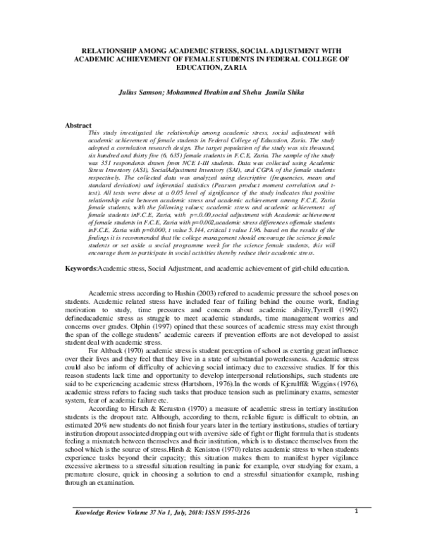 (PDF) Relationship Among Academic Stress, Social Adjustment with Academic Achievement of Female ...