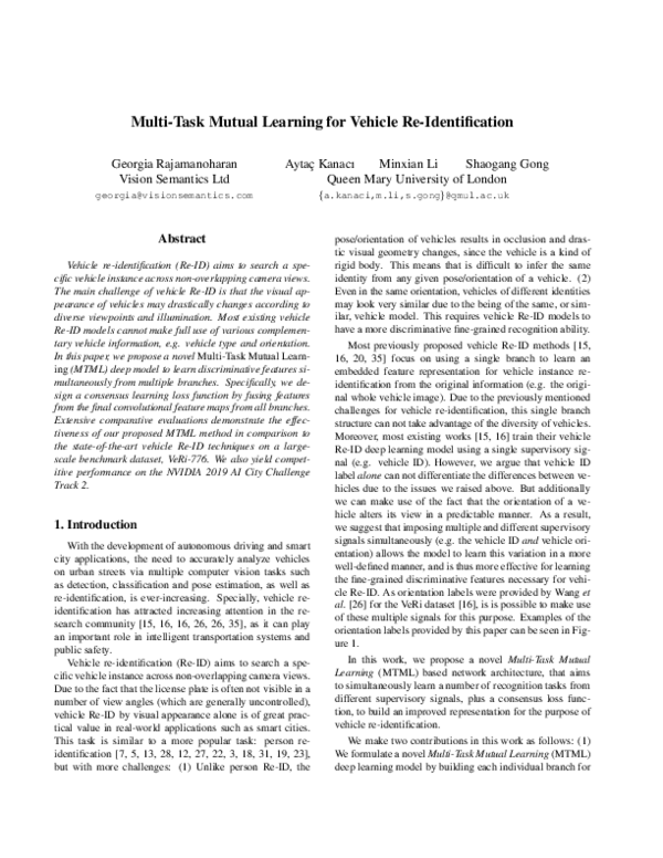 (PDF) Multi-Task Mutual Learning for Vehicle Re-Identification