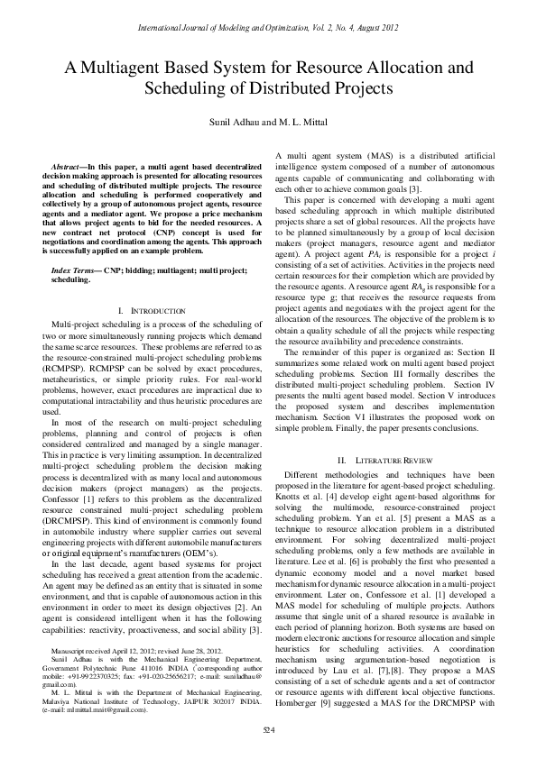 Pdf A Multiagent Based System For Resource Allocation And Scheduling