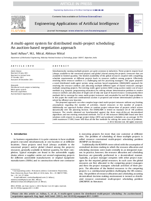 Pdf A Multi Agent System For Distributed Multi Project Scheduling An Auction Based