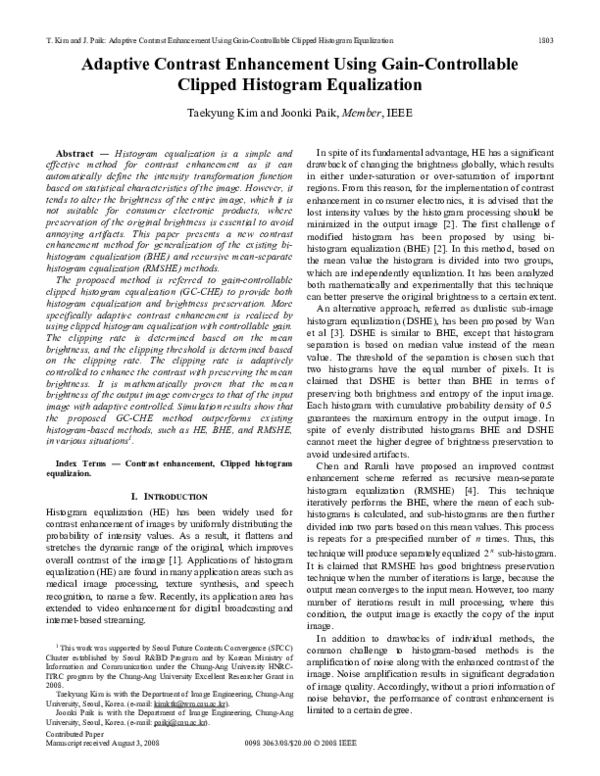 (PDF) Adaptive contrast enhancement using gain-controllable clipped histogram equalization