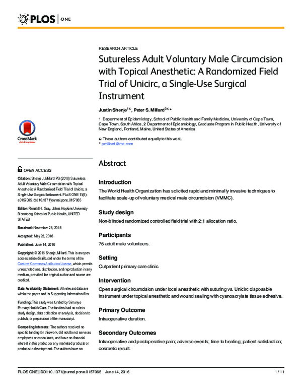 (PDF) Sutureless Adult Voluntary Male Circumcision with Topical ...