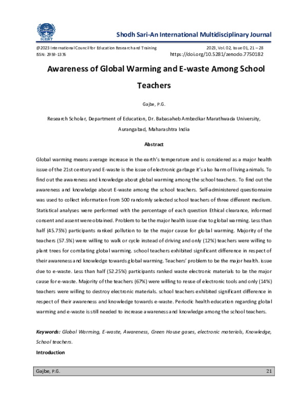 (PDF) Awareness of Global Warming and E-waste Among School Teachers