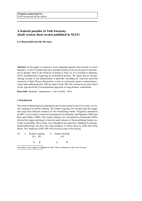 (PDF) A featural paradox in Votic harmony