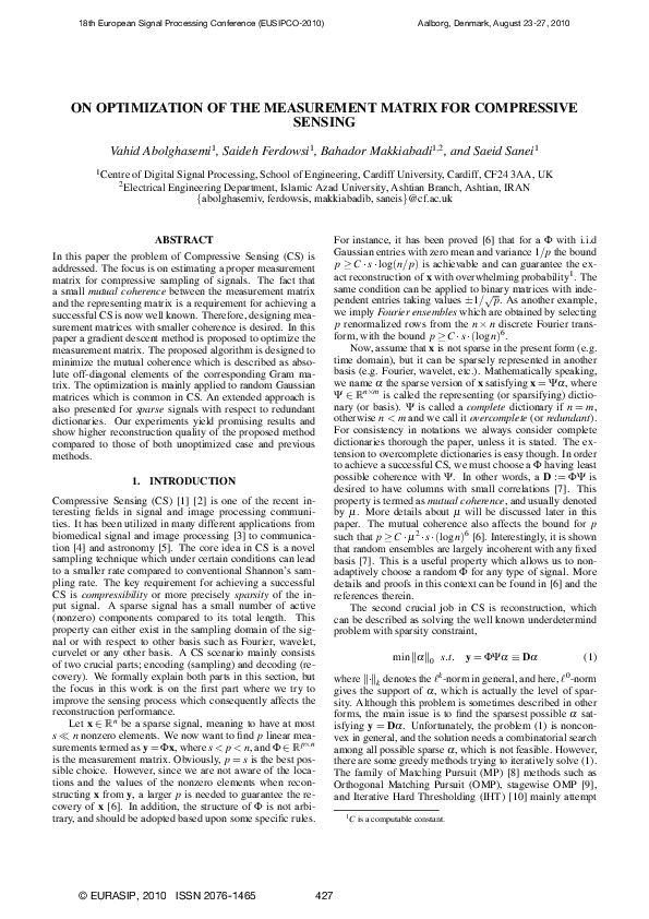 (PDF) On optimization of the measurement matrix for compressive sensing