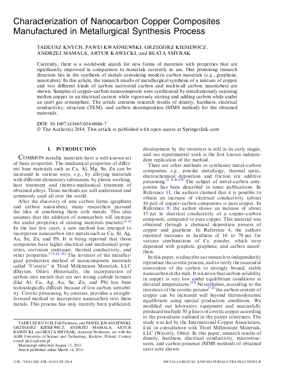 (PDF) Characterization of Nanocarbon Copper Composites Manufactured in ...