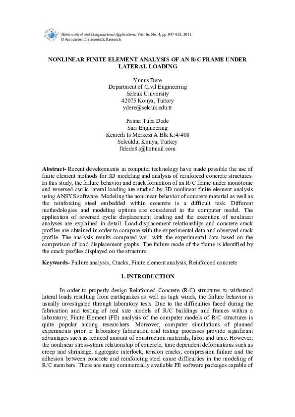 (PDF) Nonlinear Finite Element Analysis of an R/C Frame Under Lateral Loading