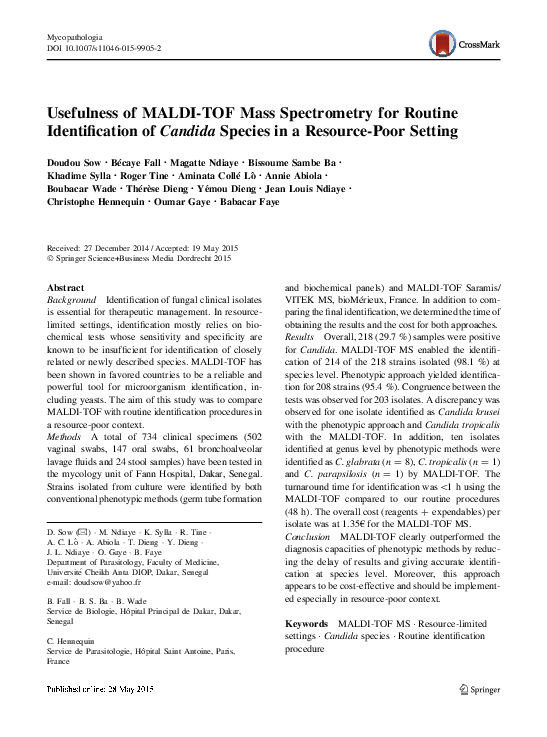 Pdf Usefulness Of Maldi Tof Mass Spectrometry For Routine Identification Of Candida Species In