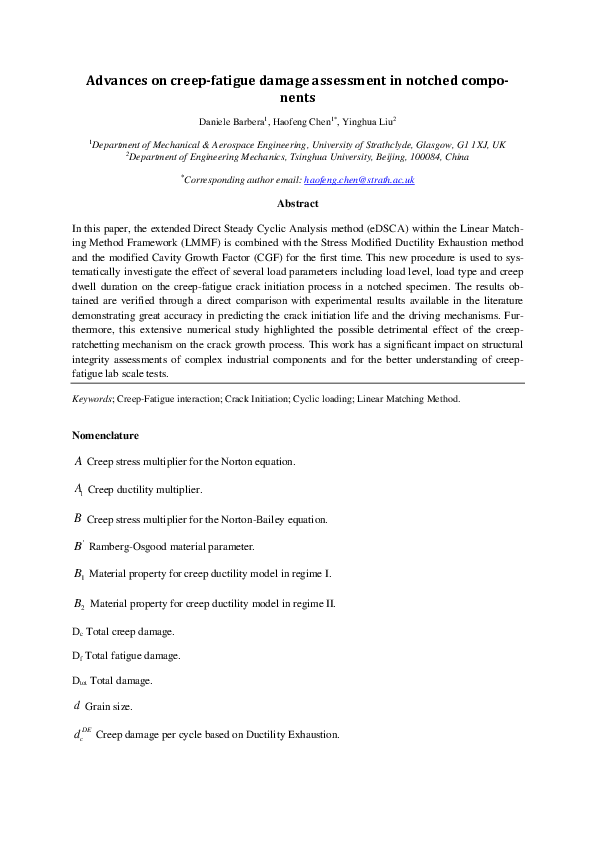 (PDF) Advances on creep-fatigue damage assessment in notched components