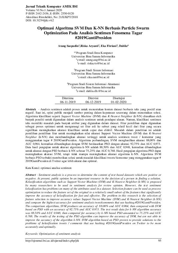 (PDF) Optimasi Algoritma SVM Dan k-NN Berbasis Particle Swarm Optimization Pada Analisis ...