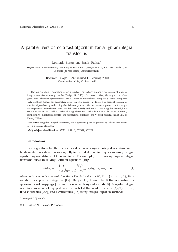 (PDF) A parallel version of a fast algorithm for singular integral transforms