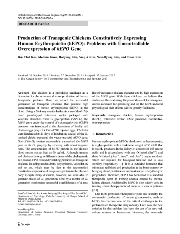(PDF) Production of transgenic chickens constitutively expressing human ...