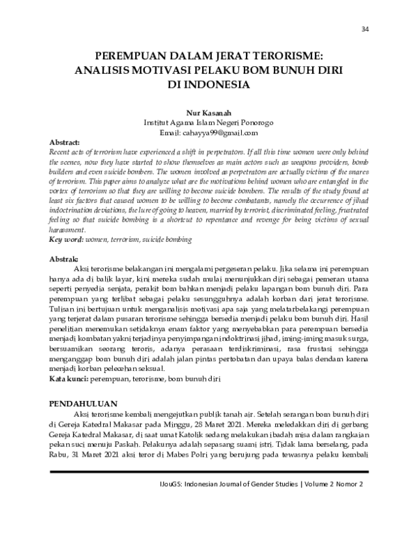 (PDF) Perempuan Dalam Jerat Terorisme: Analisis Motivasi Pelaku Bom ...