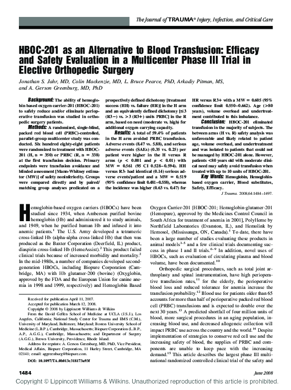 (PDF) HBOC-201 as an Alternative to Blood Transfusion: Efficacy and ...