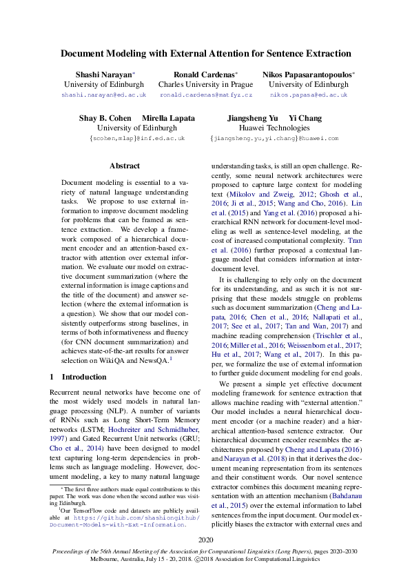 (PDF) Document Modeling with External Attention for Sentence Extraction