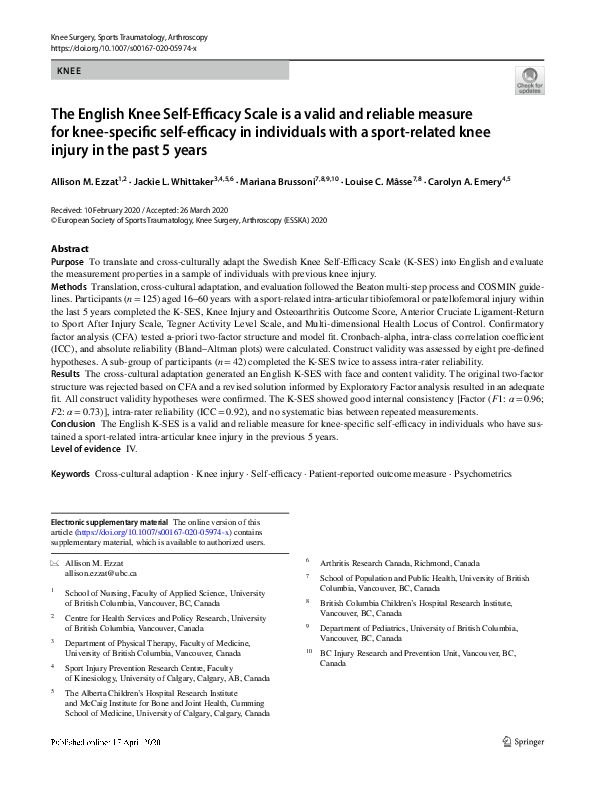 (PDF) The English Knee Self-Efficacy Scale is a valid and reliable ...