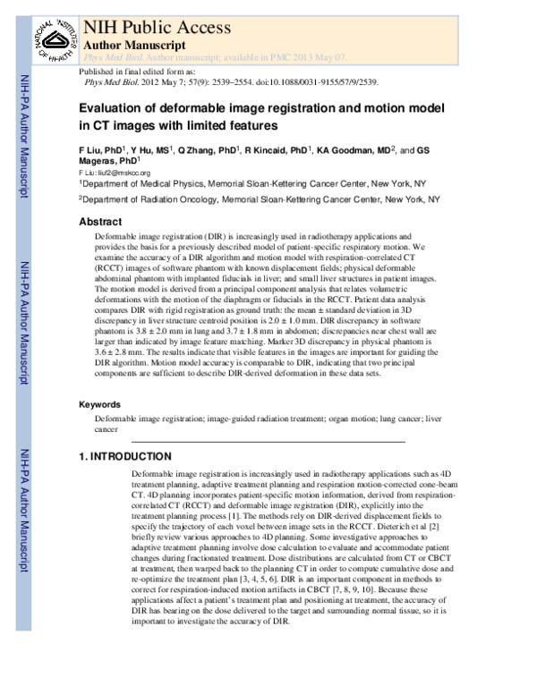 Pdf Evaluation Of Deformable Image Registration And A Motion Model In