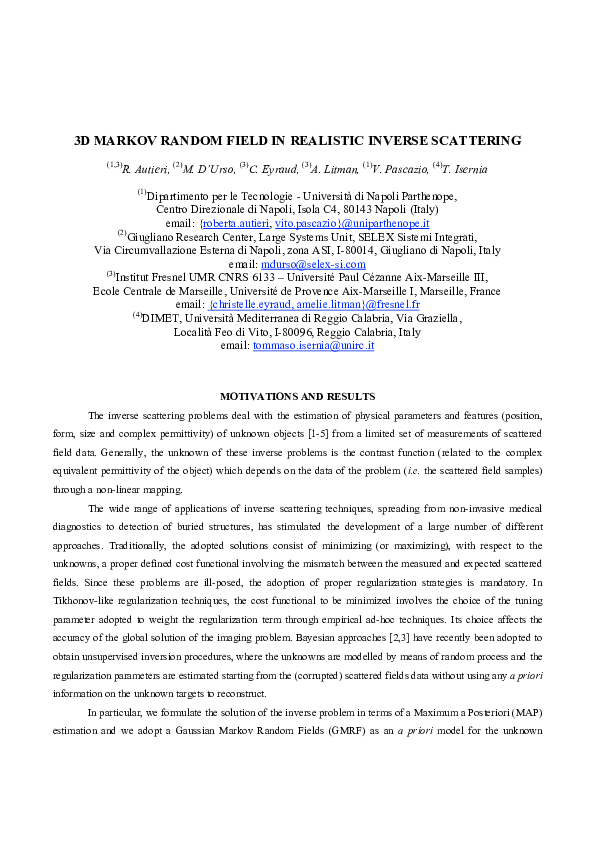 3D Markov Random Field in realistic inverse scattering