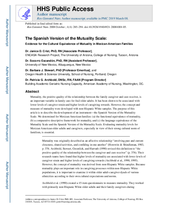 (PDF) The Spanish Version of the Mutuality Scale
