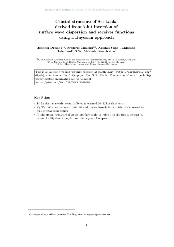 (PDF) Crustal structure of Sri Lanka derived from joint inversion of receiver functions and ...