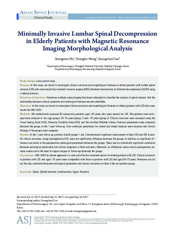 (PDF) Minimally Invasive Lumbar Spinal Decompression in the Elderly
