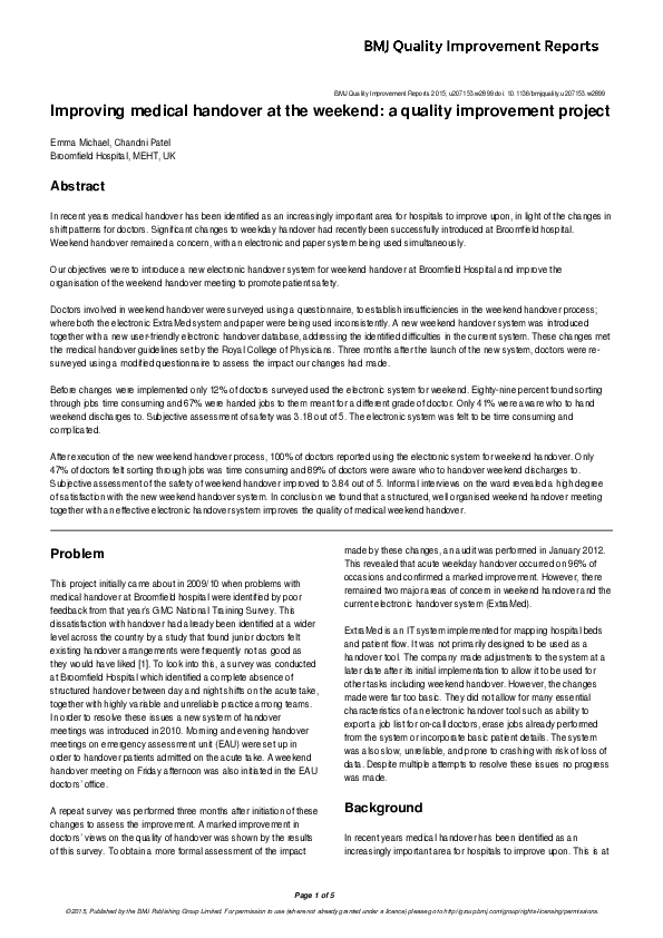 (PDF) Improving medical handover at the weekend: a quality improvement ...