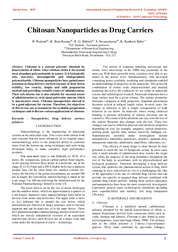 (PDF) Chitosan Nanoparticles as Drug Carriers