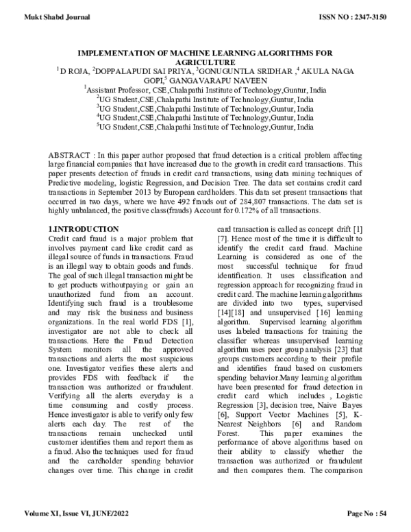 (PDF) IMPLEMENTATION OF MACHINE LEARNING ALGORITHMS FOR AGRICULTURE