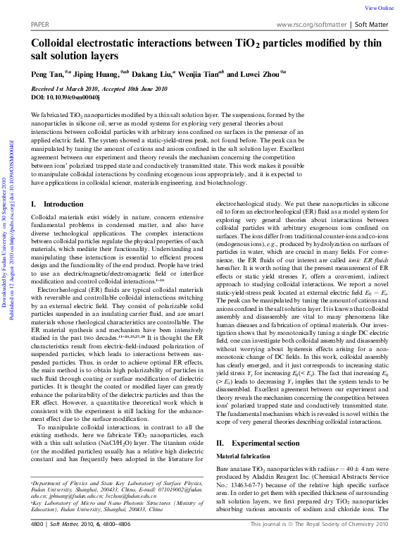 Pdf Colloidal Electrostatic Interactions Between Tio2 Particles Modified By Thin Salt Solution