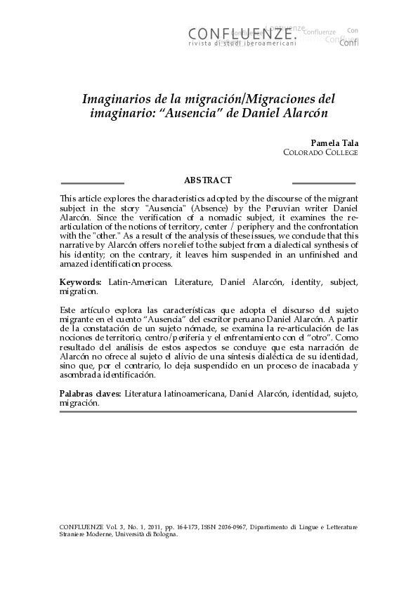 (PDF) Imaginarios de la migración/Migraciones del imaginario: “Ausencia” de Daniel Alarcón