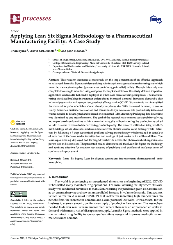 (PDF) Applying Lean Six Sigma Methodology to a Pharmaceutical Manufacturing Facility: A Case Study