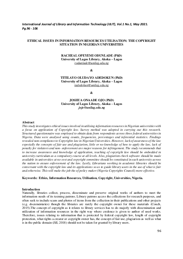 (PDF) ETHICAL ISSUES IN INFORMATION RESOURCES UTILISATION: THE ...