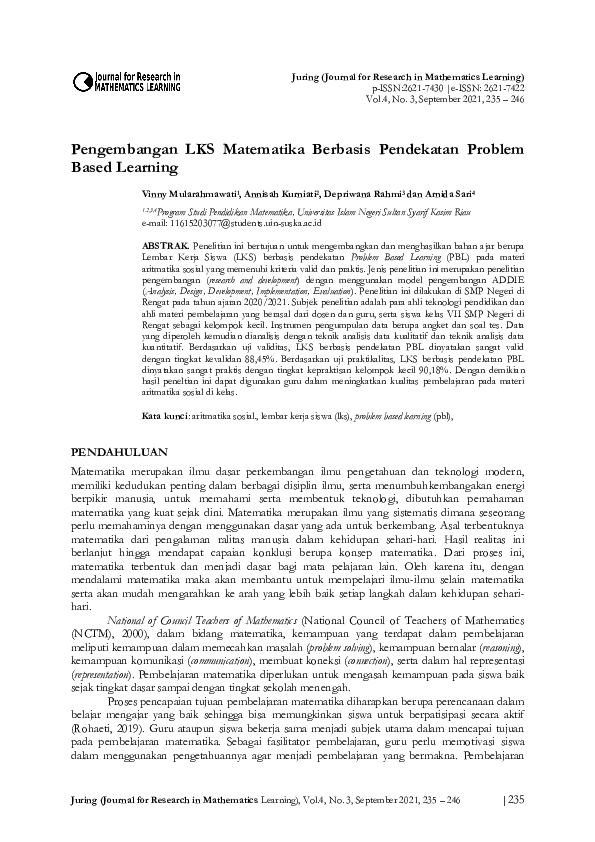 (PDF) Pengembangan LKS Matematika Berbasis Pendekatan Problem Based Learning