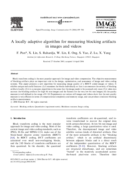 Pdf A Locally Adaptive Algorithm For Measuring Blocking Artifacts In Images And Videos