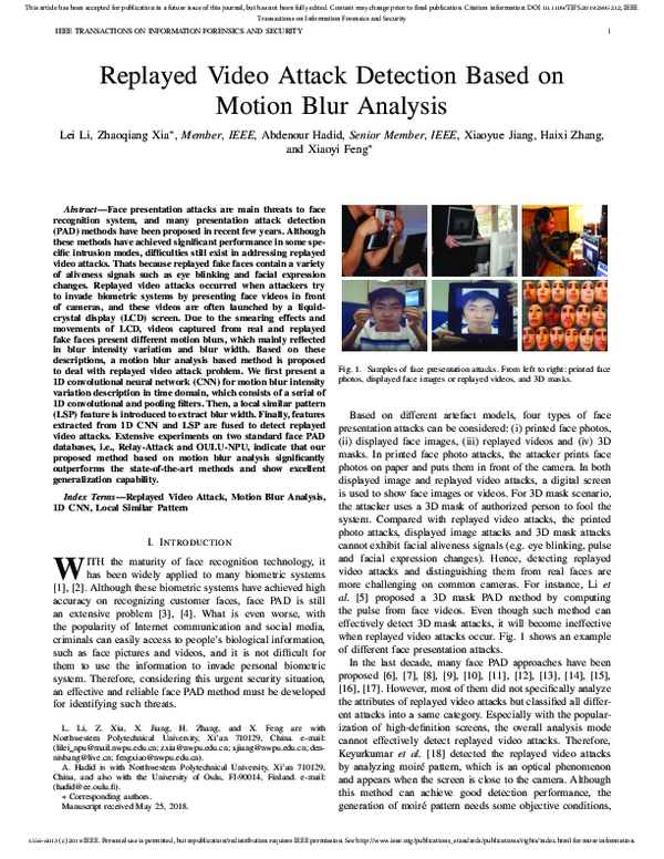 (PDF) Replayed Video Attack Detection Based on Motion Blur Analysis