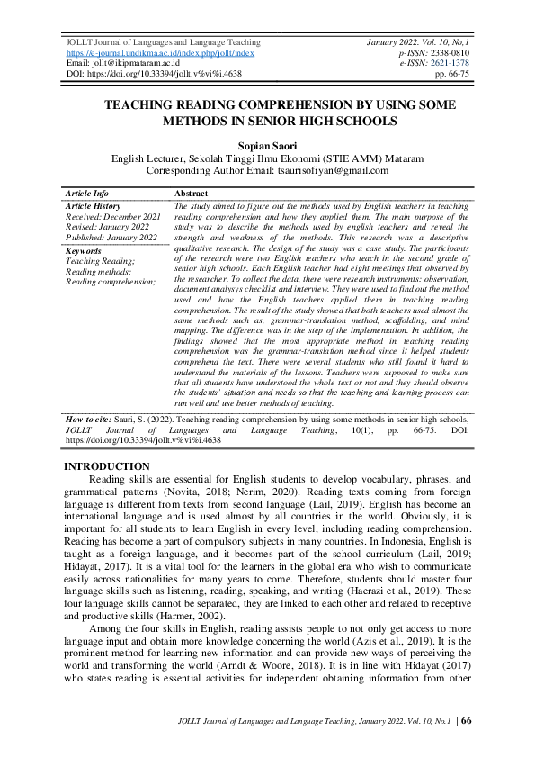 (PDF) Teaching Reading Comprehension by Using Some Methods in Senior ...
