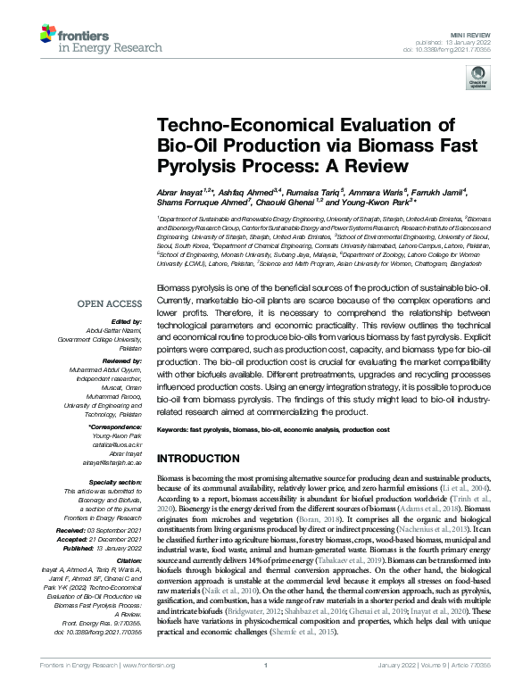 (PDF) Techno-Economical Evaluation of Bio-Oil Production via Biomass Fast Pyrolysis Process: A ...