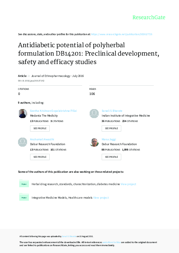 (PDF) Antidiabetic potential of polyherbal formulation DB14201 ...