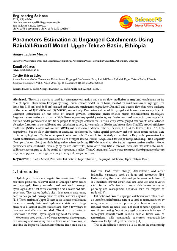 (PDF) Parameters Estimation at Ungauged Catchments Using Rainfall-Runoff Model, Upper Tekeze ...