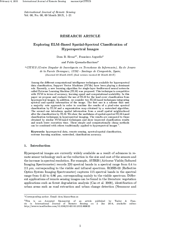 Pdf Exploring Elm Based Spatial Spectral Classification Of