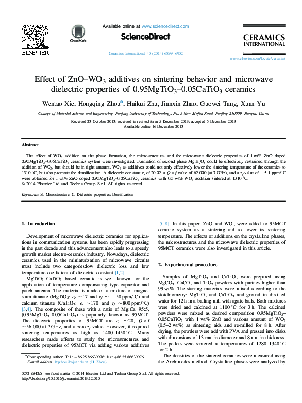 (PDF) Effect of ZnO–WO3 additives on sintering behavior and microwave dielectric properties of 0 ...