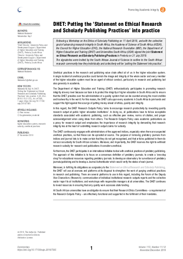 (PDF) DHET: Putting the ‘Statement on Ethical Research and Scholarly ...